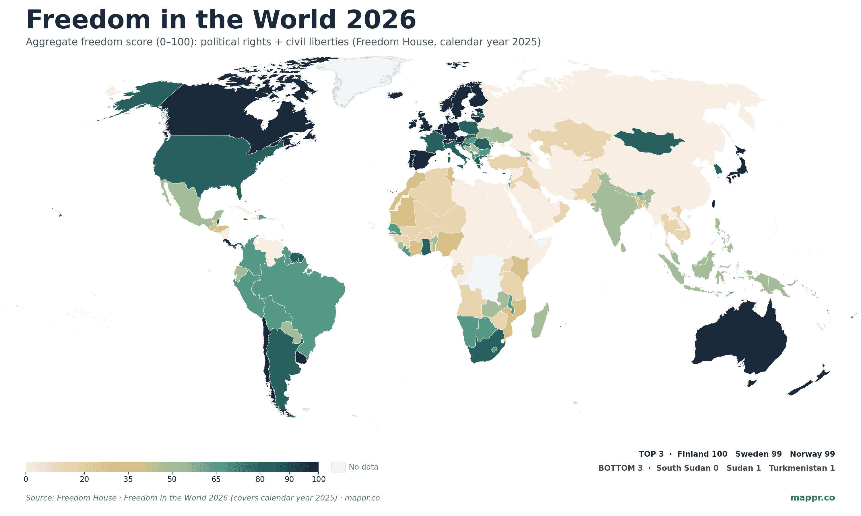 Mapped: Freedom in the World 2026 — Finland Tops at 100, U.S. Falls Out ...