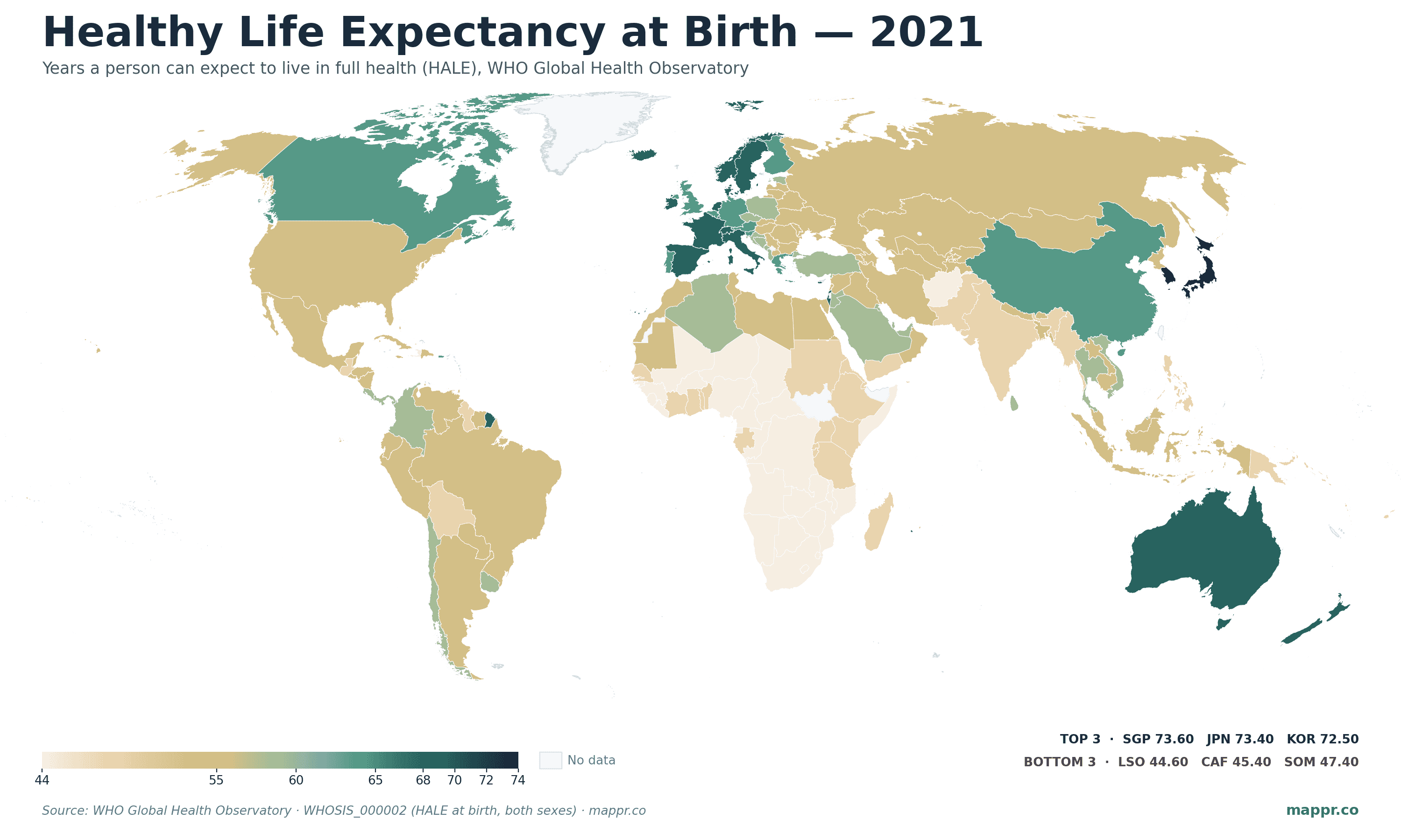 Mapped: Healthy Life Expectancy by Country — Singapore Tops at 73.6 ...