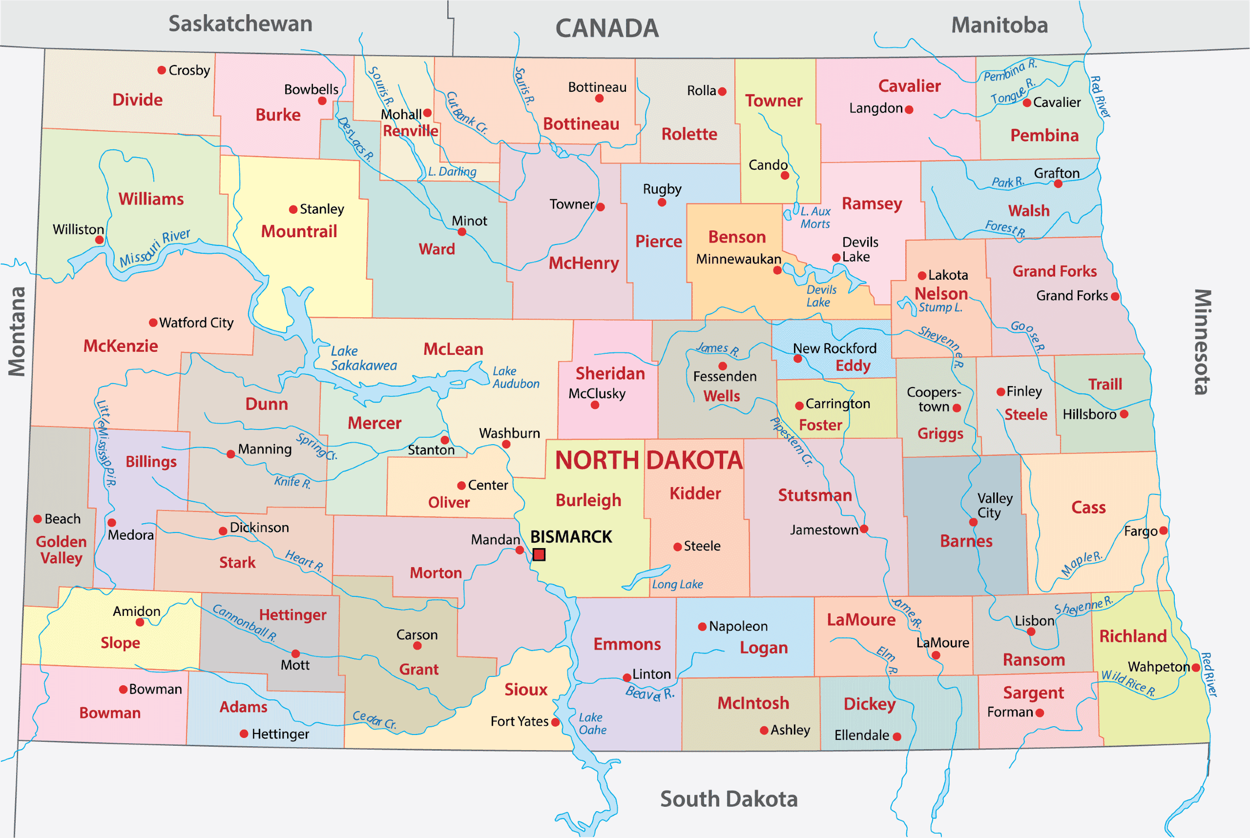 North Dakota Counties Map | Mappr