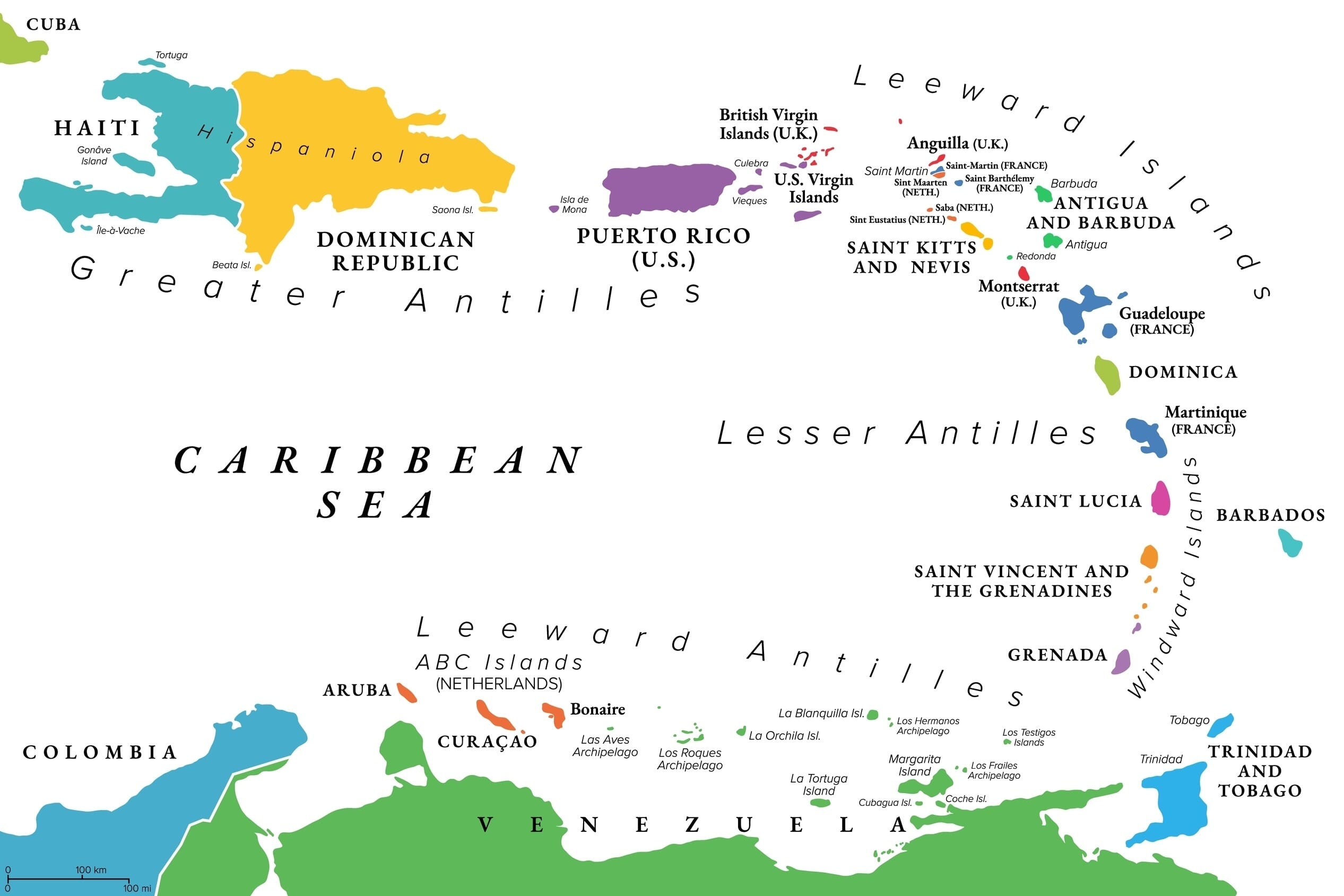 Caribbean Islands Map with Countries, Sovereignty, and Capitals | Mappr
